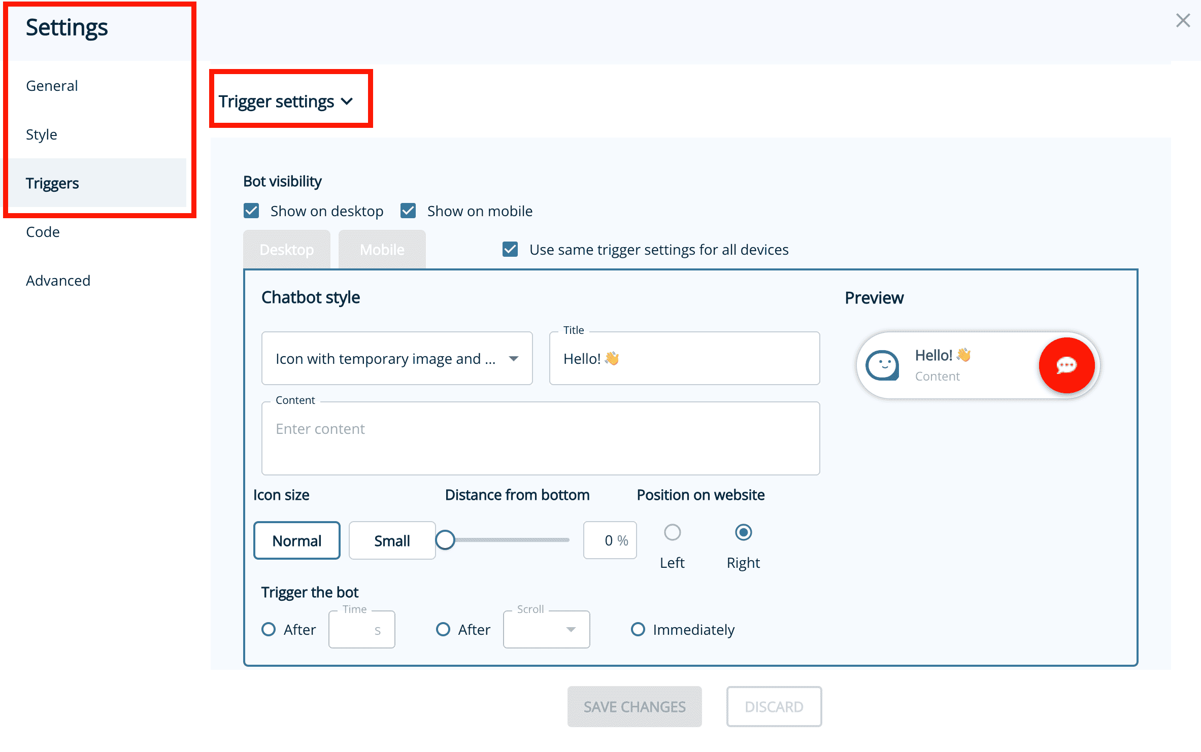 Settings, Styles & Trigger rules (Chatbot & Inpagebot) | Leadoo - Conversion Platform