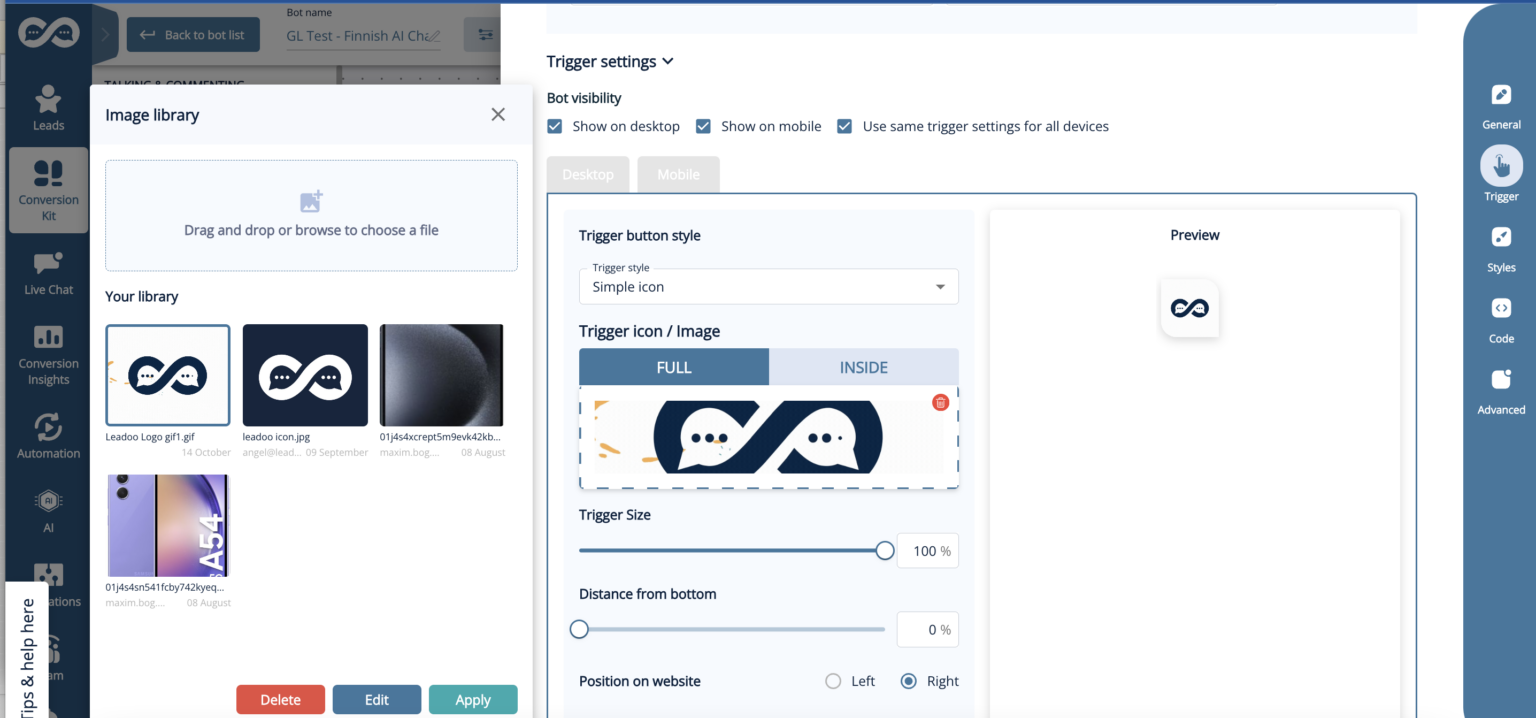 New Chatbot Triggers: Icons & GIFs | Leadoo - Conversion Platform